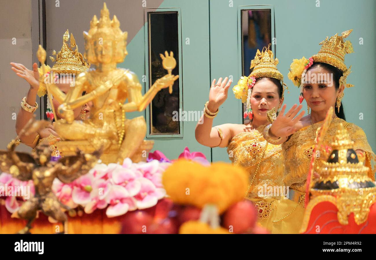 Thailand dancers dressed in traditional Thai folk costumes dance in ...