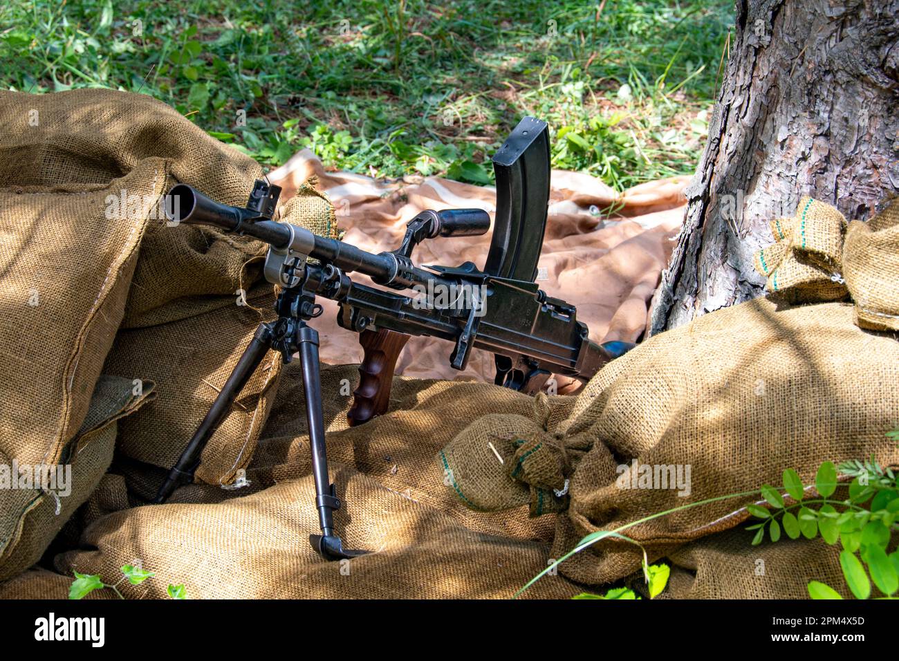 WW2 british Bren machine gun on sandbags next to a tree Stock Photo - Alamy