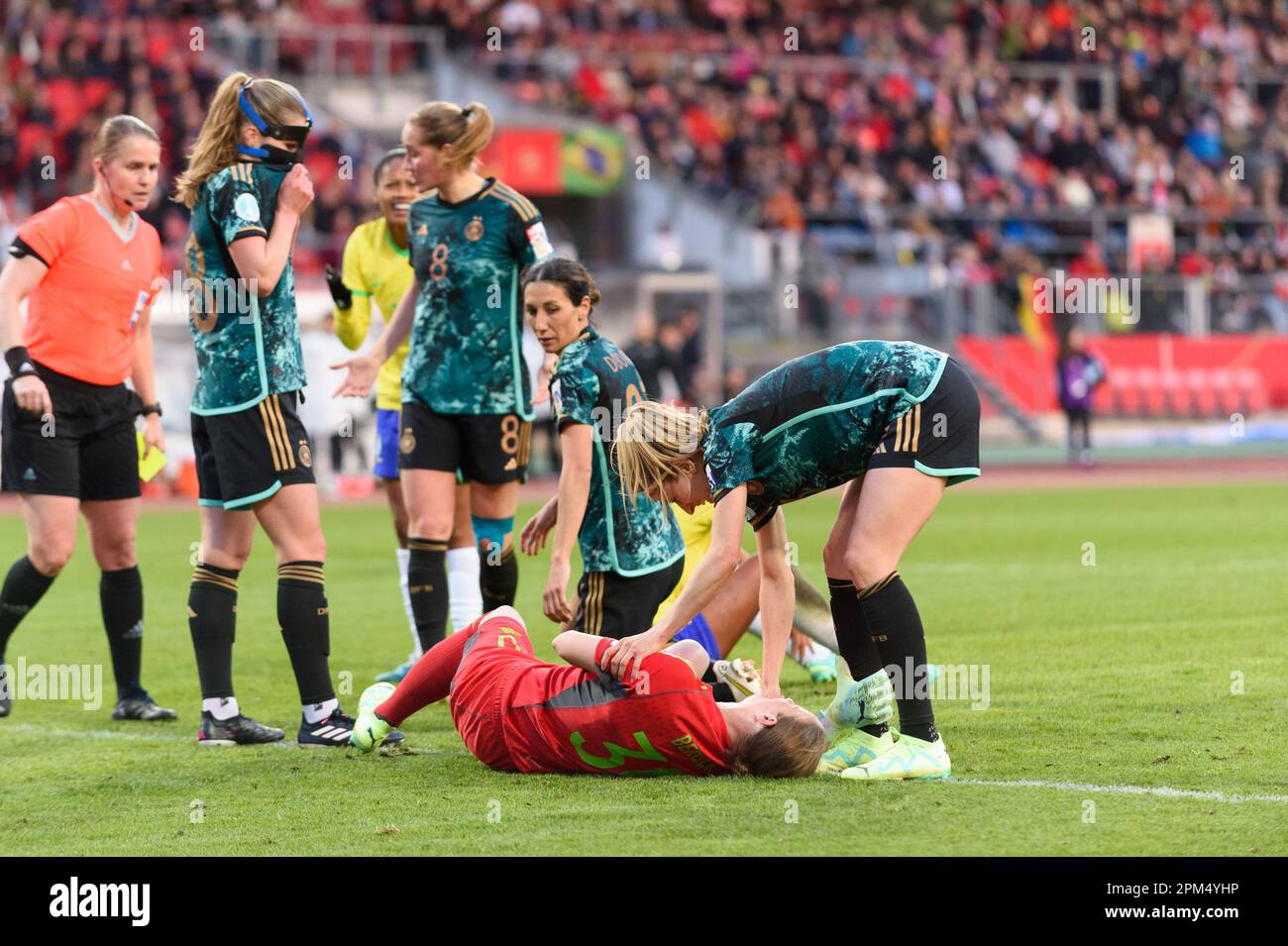 April 11, 2023: Injured Goalkeeper Ann-Katrin Berger (30 Germany) on ...