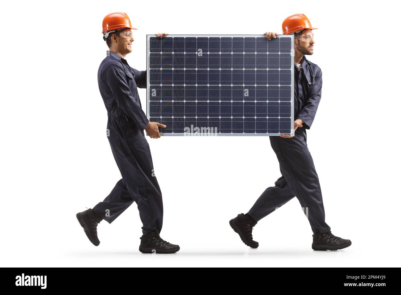 Factory workers carrying a solar panel and walking isolated on white ...