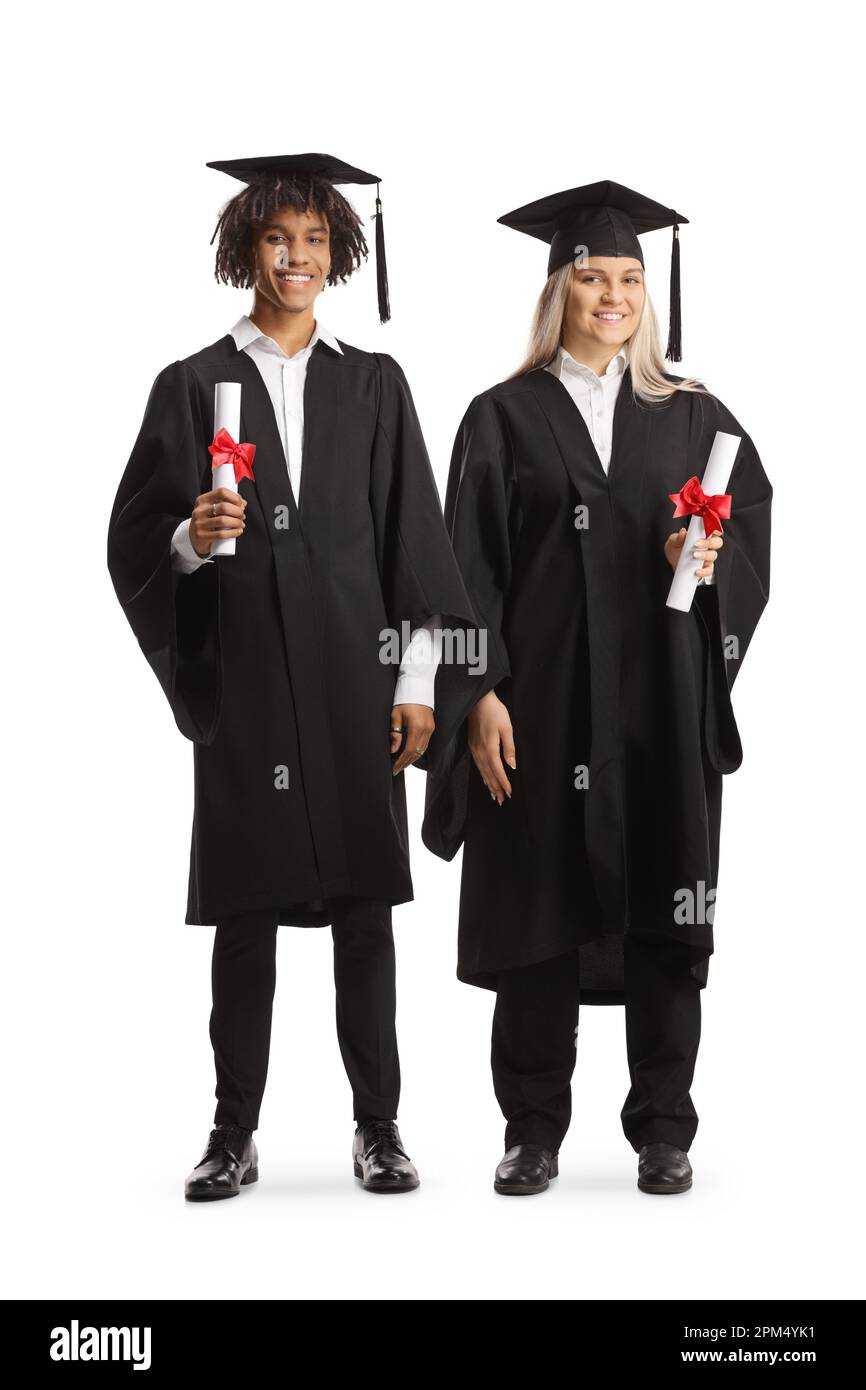 Full length portrait of a caucasian female graduate student and a male ...