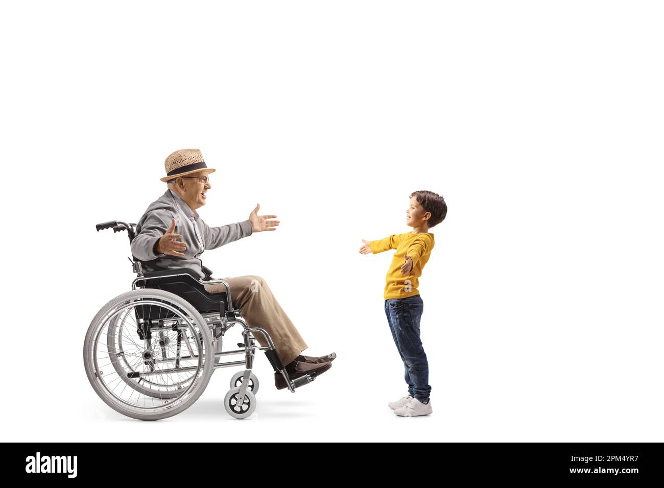Elderly Man Sitting In A Wheelchair And Waiting To Hug His Grandson