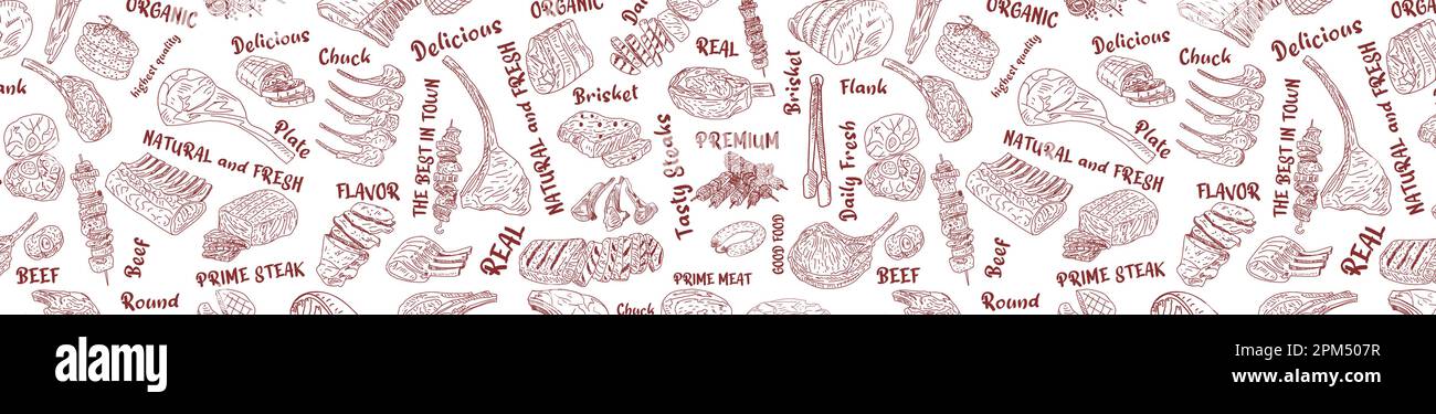 Meat seamless pattern. Hand-drawn vector illustration. Carved style ...