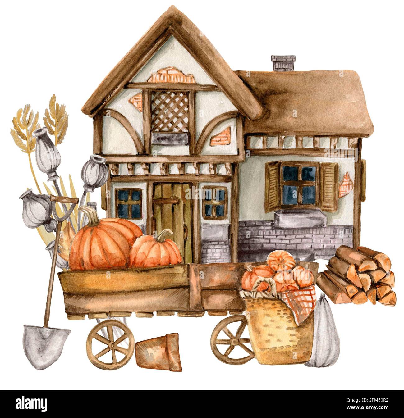 Watercolor illustration of an old country house . An old rusty enamel ...