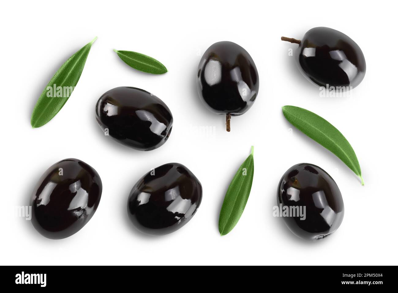 Black olives with leaves isolated on a white background with full depth ...