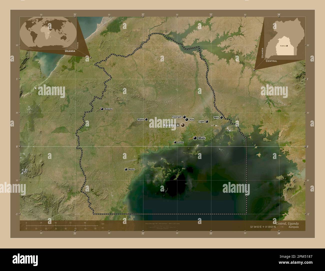Central, region of Uganda. Low resolution satellite map. Locations and ...