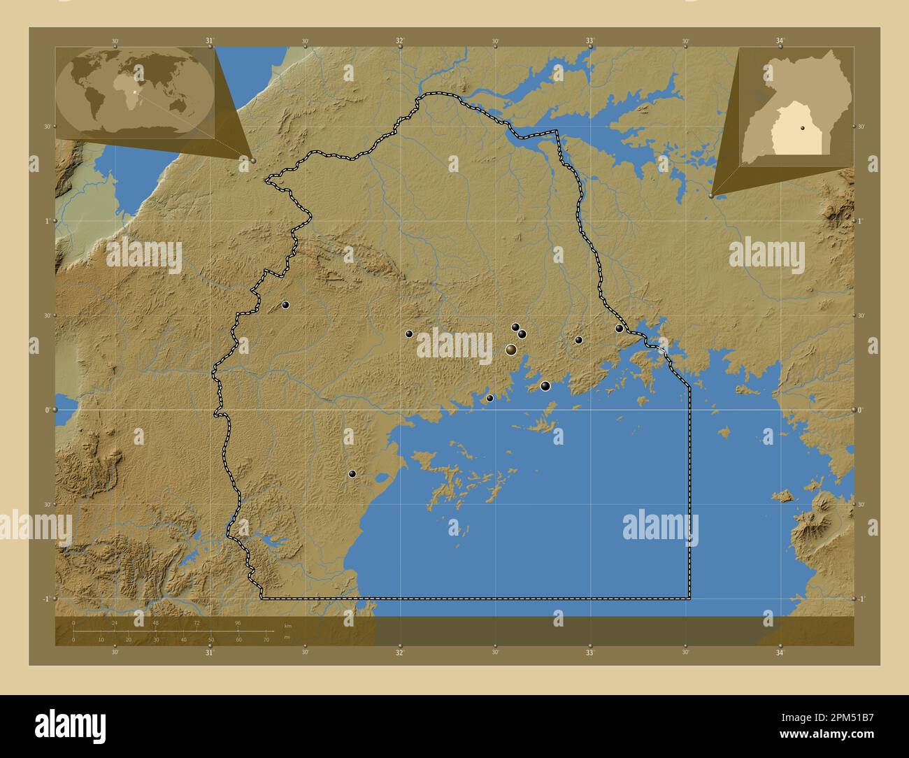 Central, region of Uganda. Colored elevation map with lakes and rivers ...