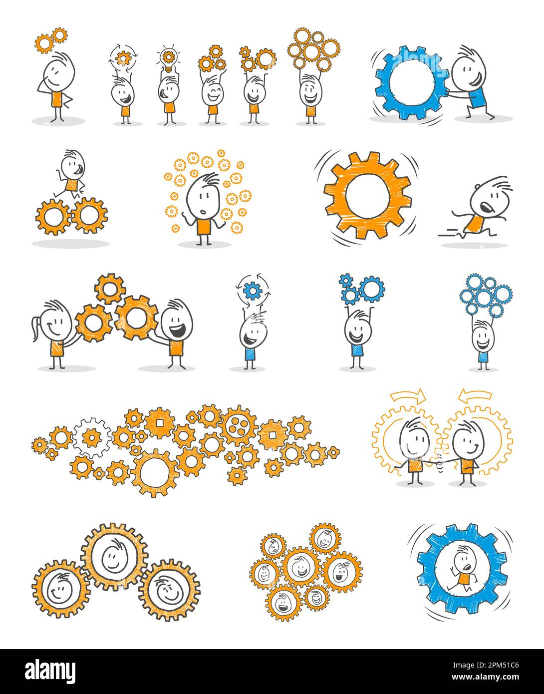 Stick figures. Business, Gear Wheel. Isolated on white background. Hand ...