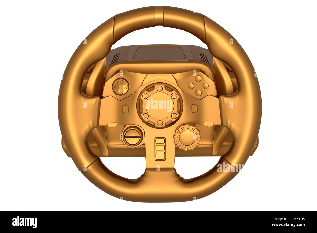 Realistic leather steering wheel with gold chrome texture on white ...