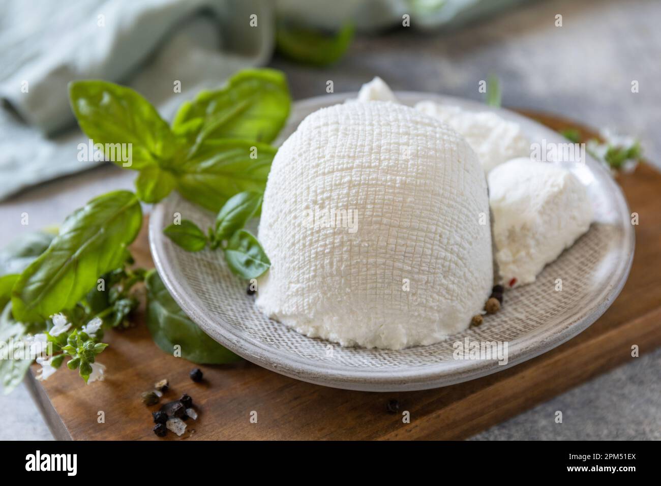 Homemade whey ricotta cheese or cottage cheese with basil ready to eat ...