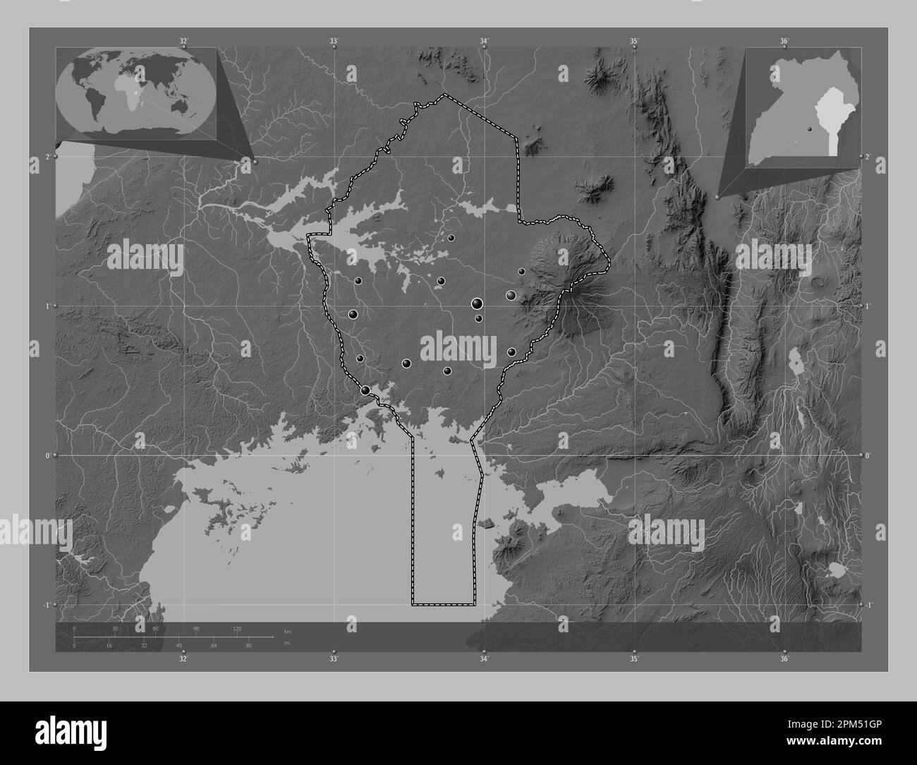 Eastern, region of Uganda. Grayscale elevation map with lakes and ...