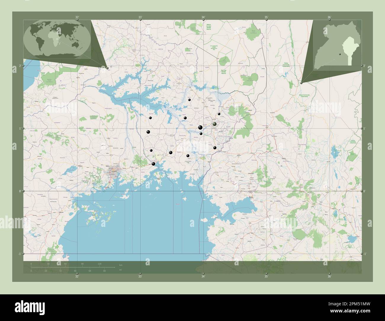 Eastern, region of Uganda. Open Street Map. Locations of major cities ...