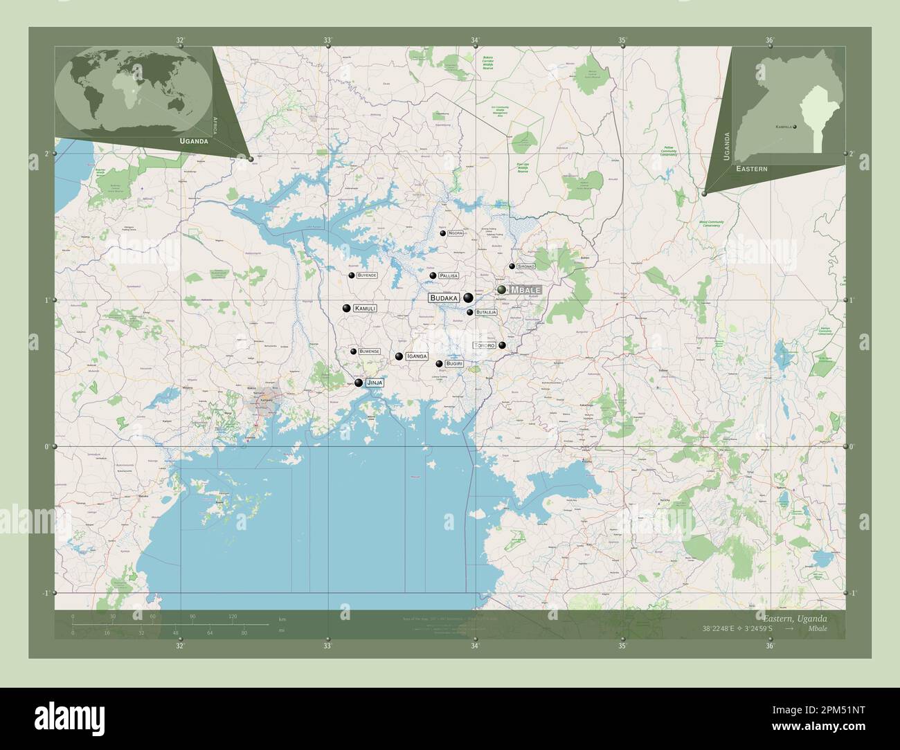 Eastern, region of Uganda. Open Street Map. Locations and names of ...
