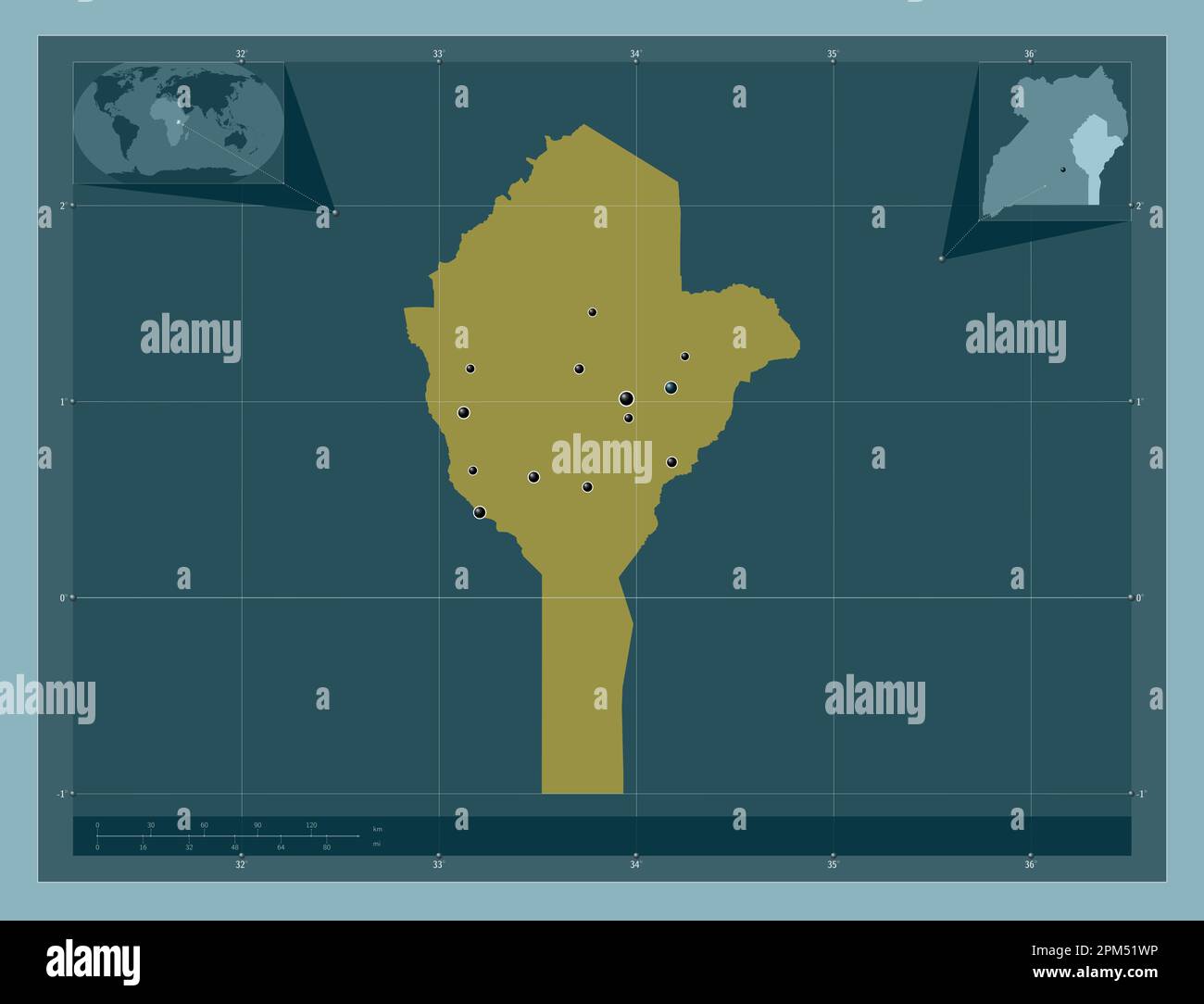 Eastern, region of Uganda. Solid color shape. Locations of major cities ...