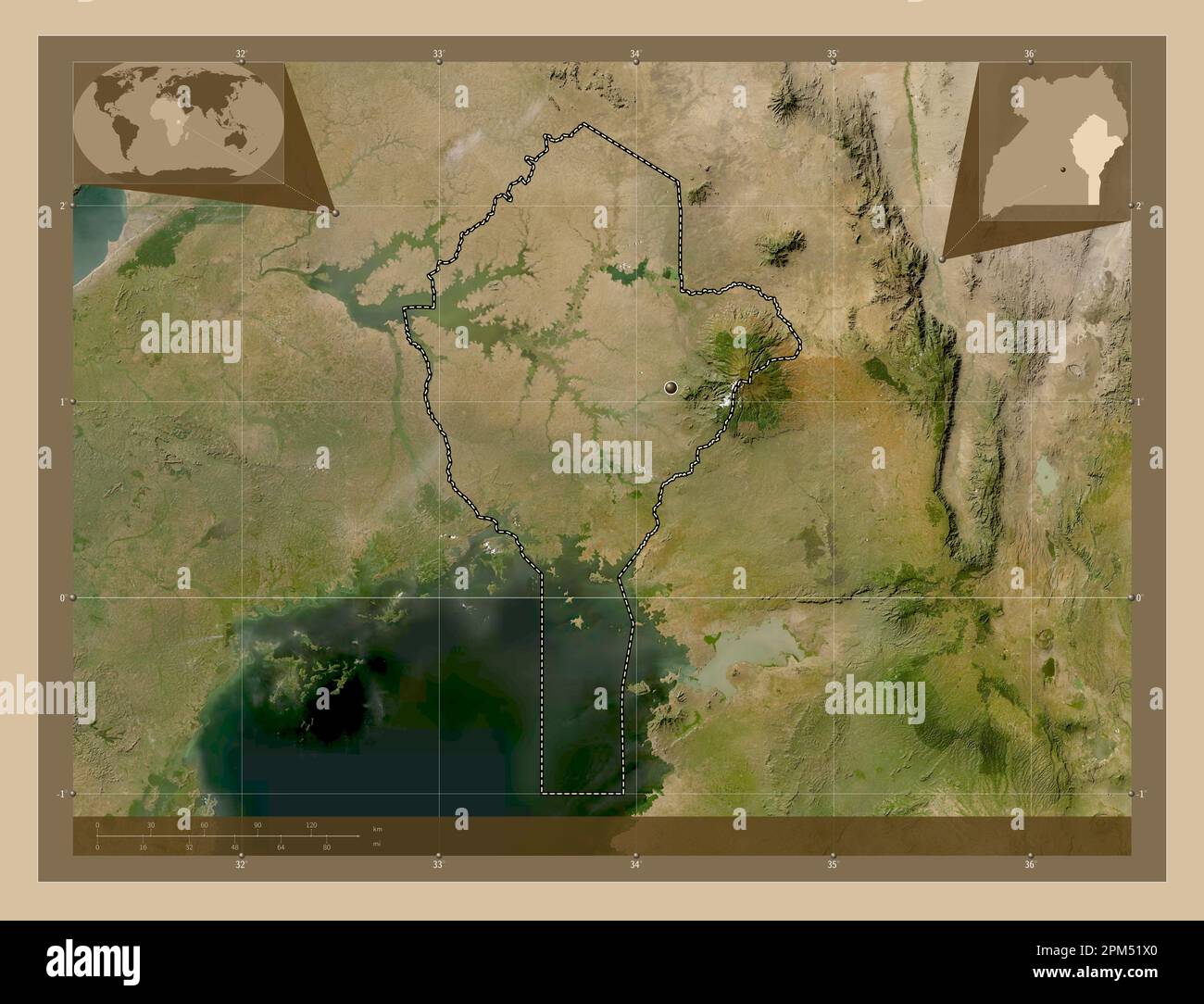 Eastern, region of Uganda. Low resolution satellite map. Corner ...