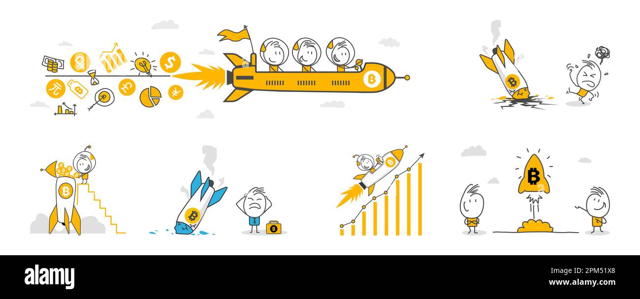 Stick figures. Bitcoin spaceship flying. Businessman flying on rocket ...