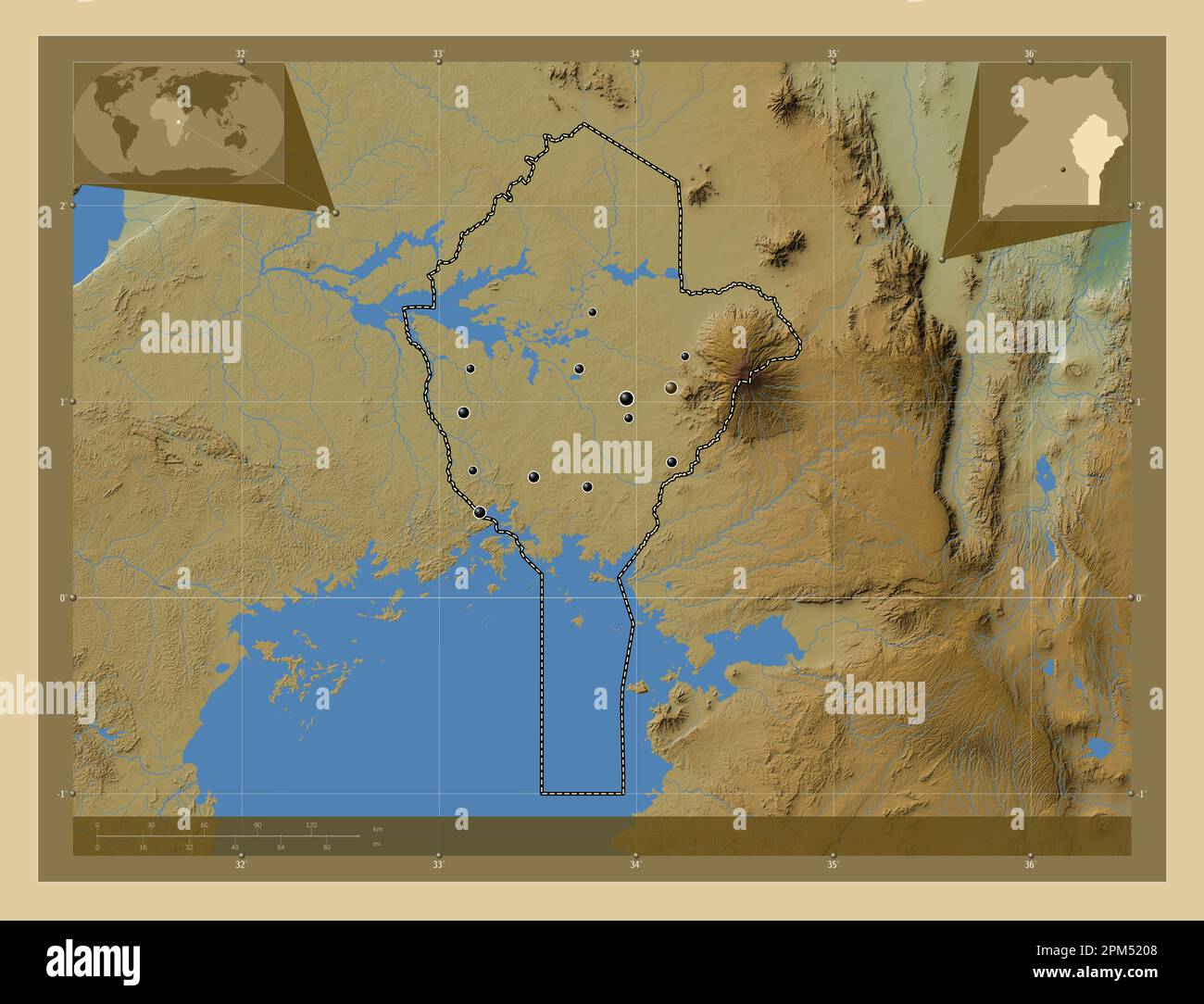 Eastern, region of Uganda. Colored elevation map with lakes and rivers ...