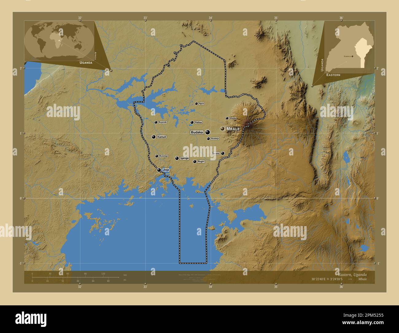 Eastern, region of Uganda. Colored elevation map with lakes and rivers ...