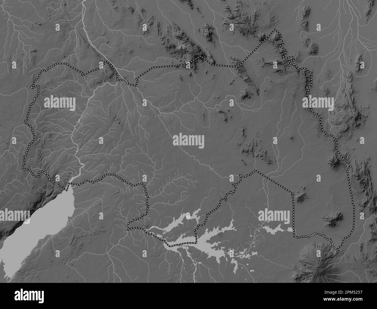 Northern, region of Uganda. Grayscale elevation map with lakes and ...