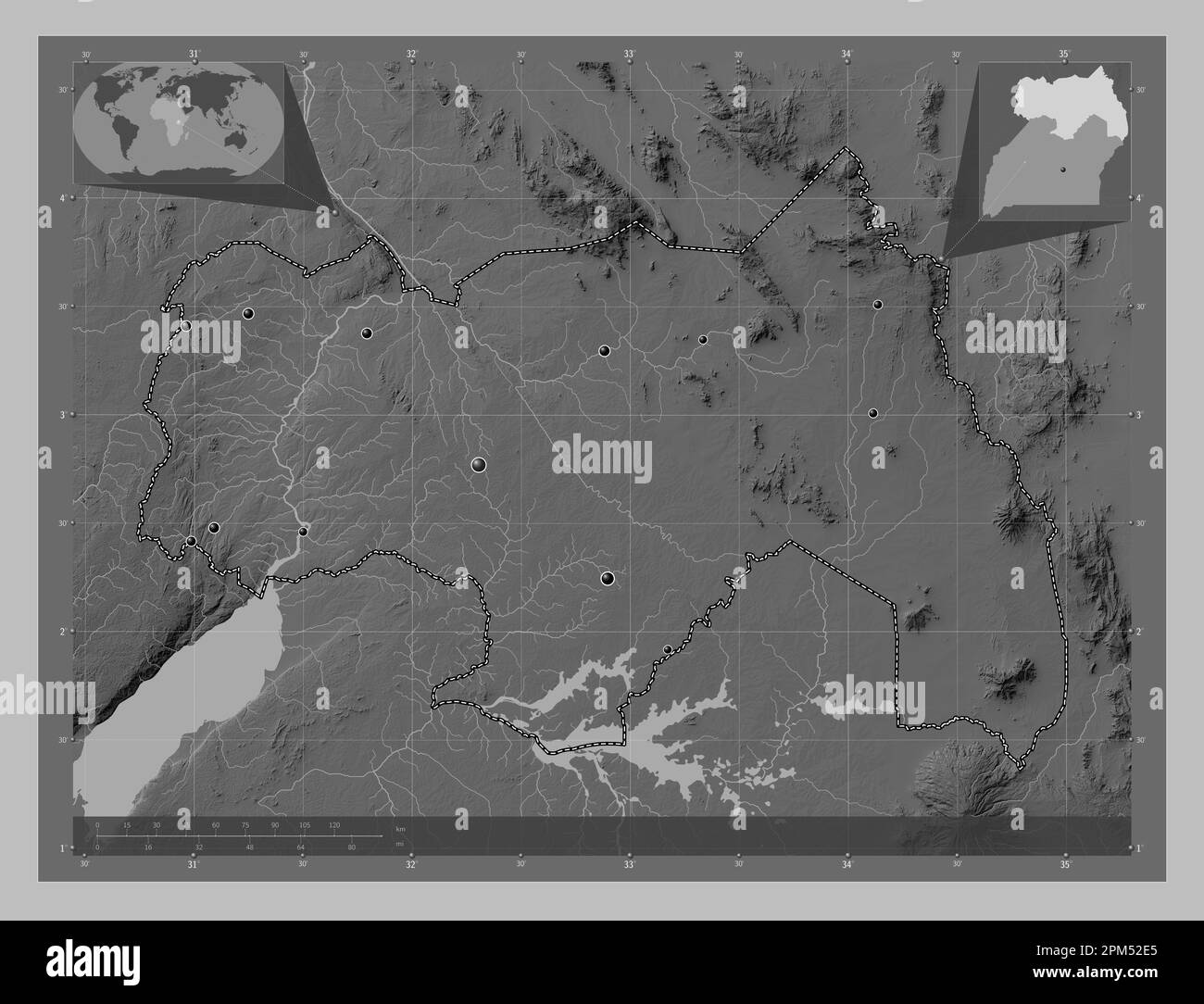Northern, region of Uganda. Grayscale elevation map with lakes and ...