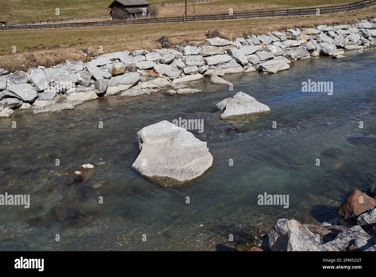 Kampl, Austria - March 16, 2023 - modification of the Ruetz riverbed in an alpine valley ...