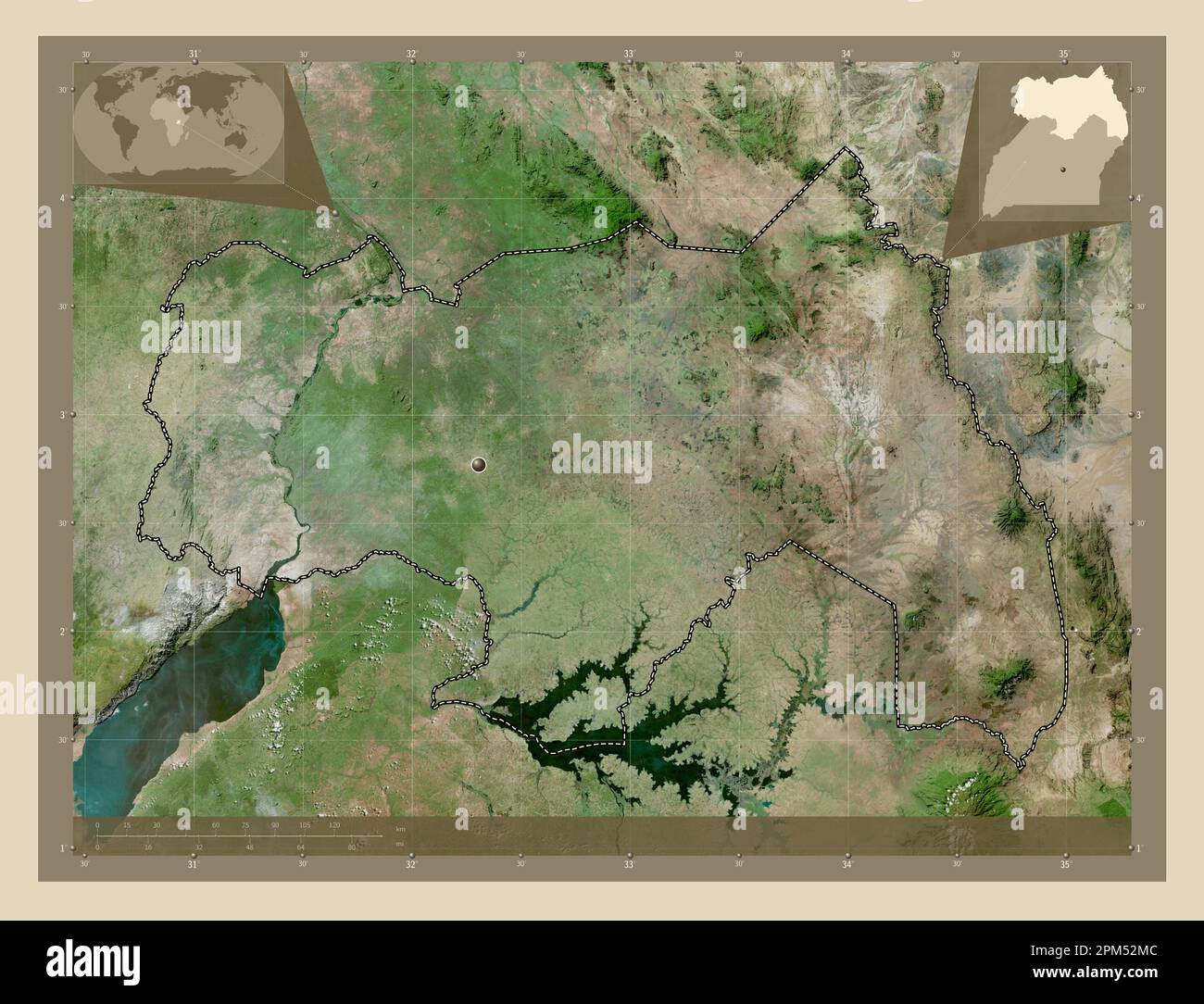 Northern, region of Uganda. High resolution satellite map. Corner ...