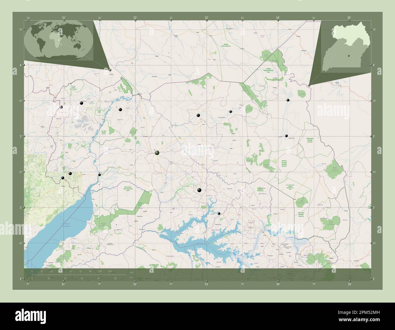 Northern, region of Uganda. Open Street Map. Locations of major cities ...