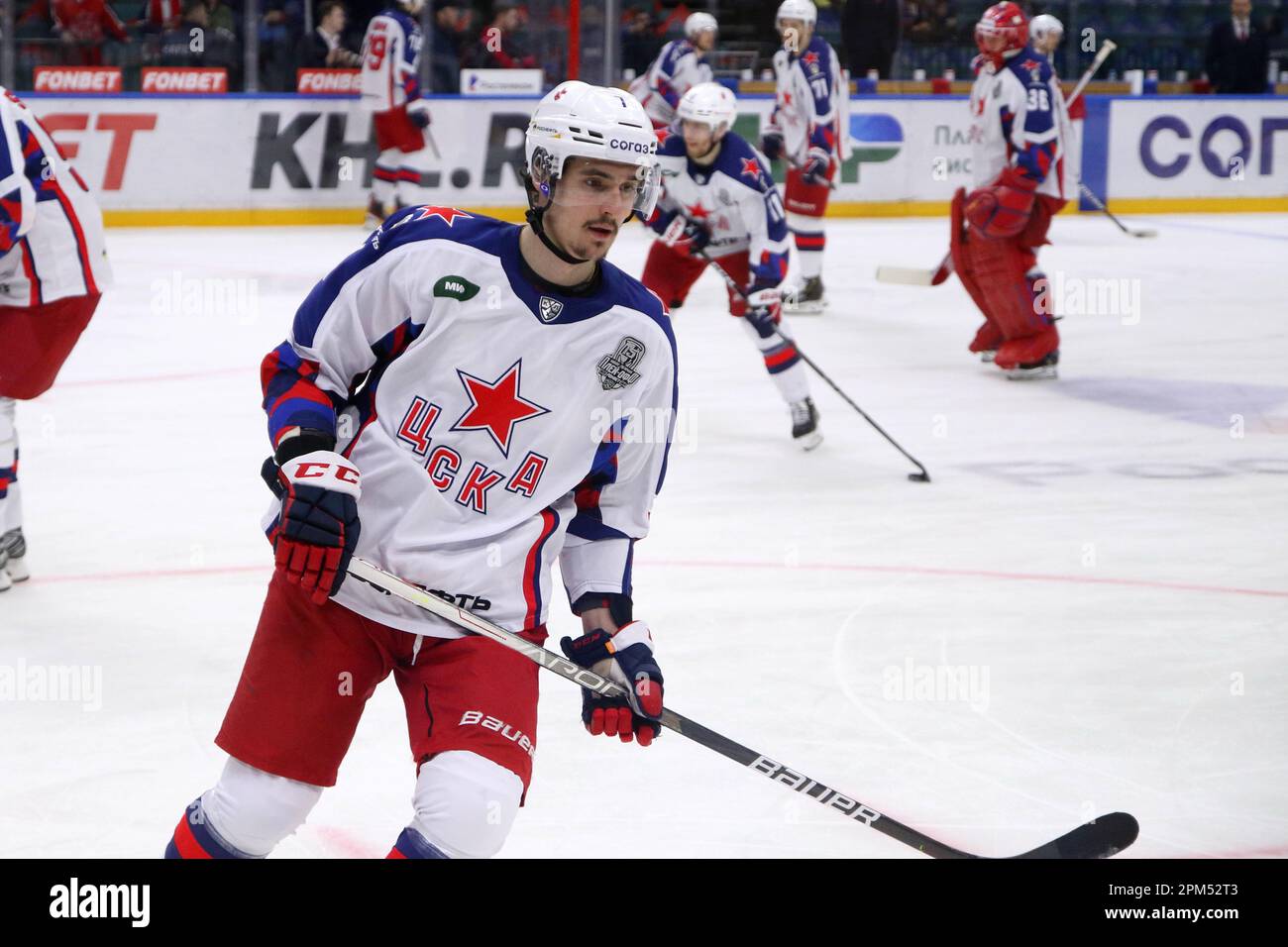 CSKA Hockey Club player, Matvey Guskov (No.7) seen before the match the ...