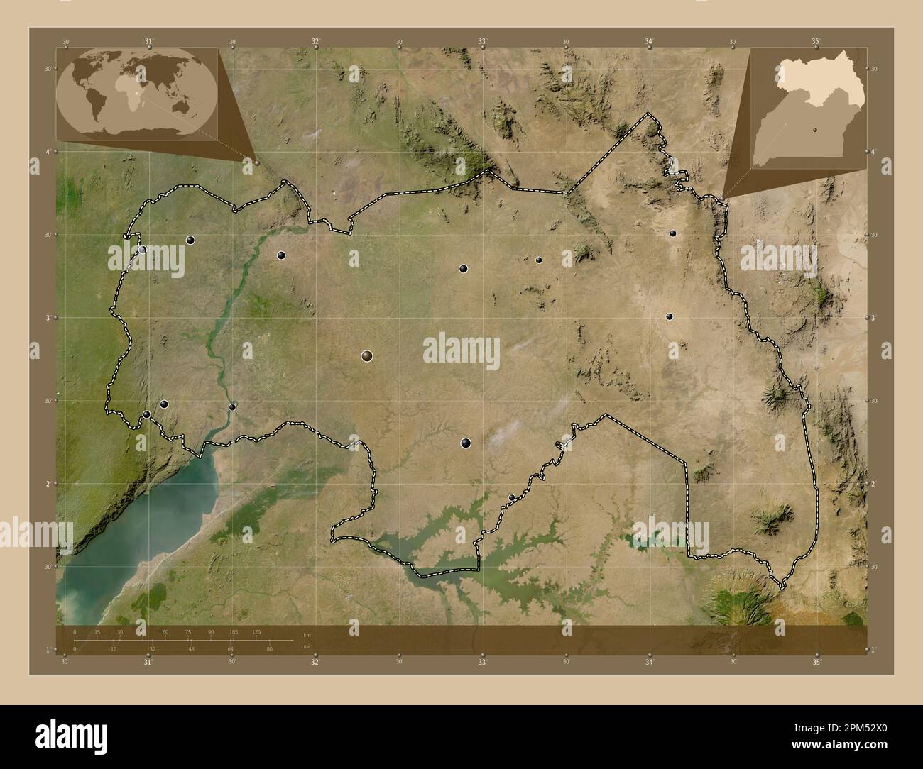 Northern, region of Uganda. Low resolution satellite map. Locations of ...