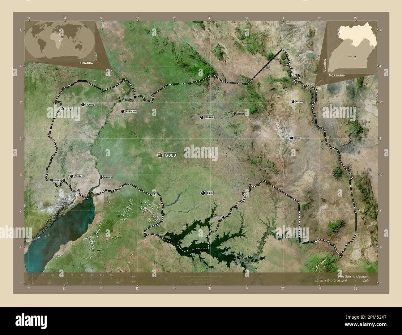 Northern, region of Uganda. High resolution satellite map. Locations ...