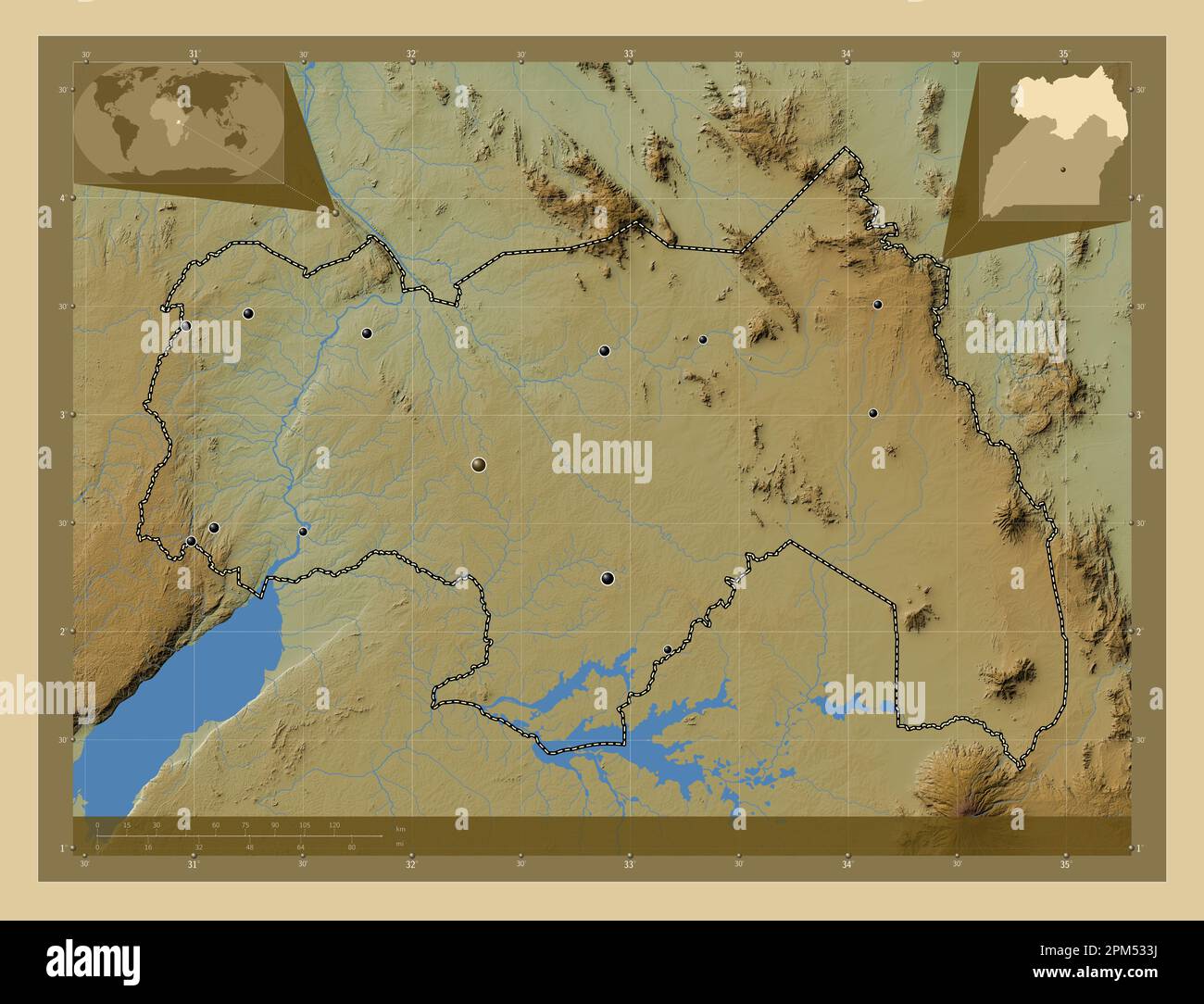 Northern, region of Uganda. Colored elevation map with lakes and rivers. Locations of major ...