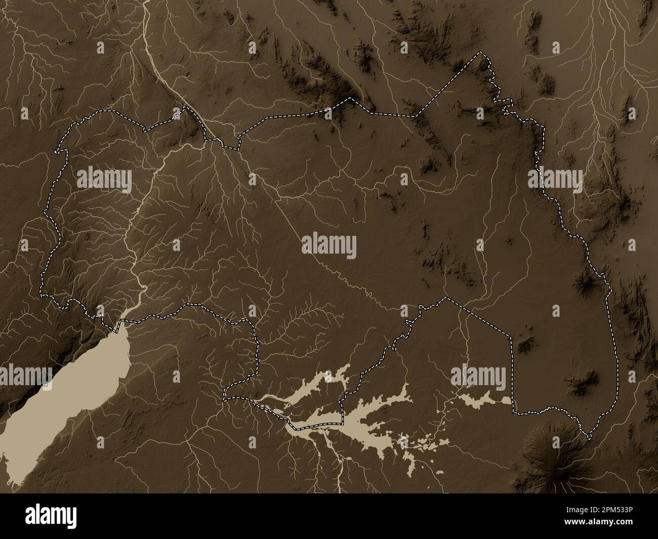 Northern, region of Uganda. Elevation map colored in sepia tones with ...