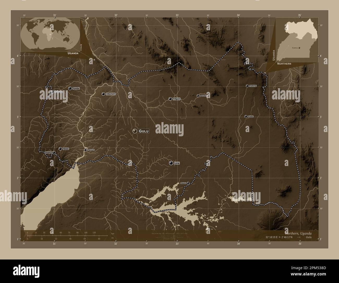 Northern, region of Uganda. Elevation map colored in sepia tones with ...