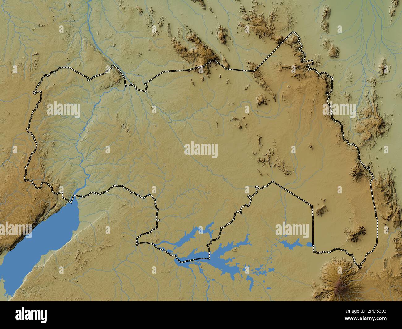 Northern, region of Uganda. Colored elevation map with lakes and rivers ...