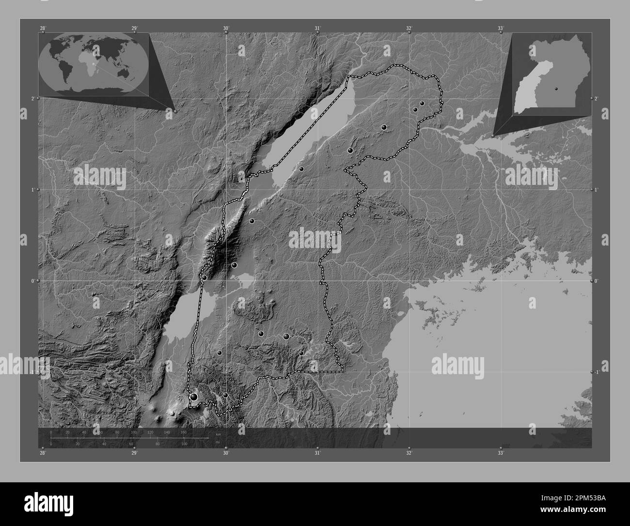 Western, region of Uganda. Bilevel elevation map with lakes and rivers. Locations of major ...