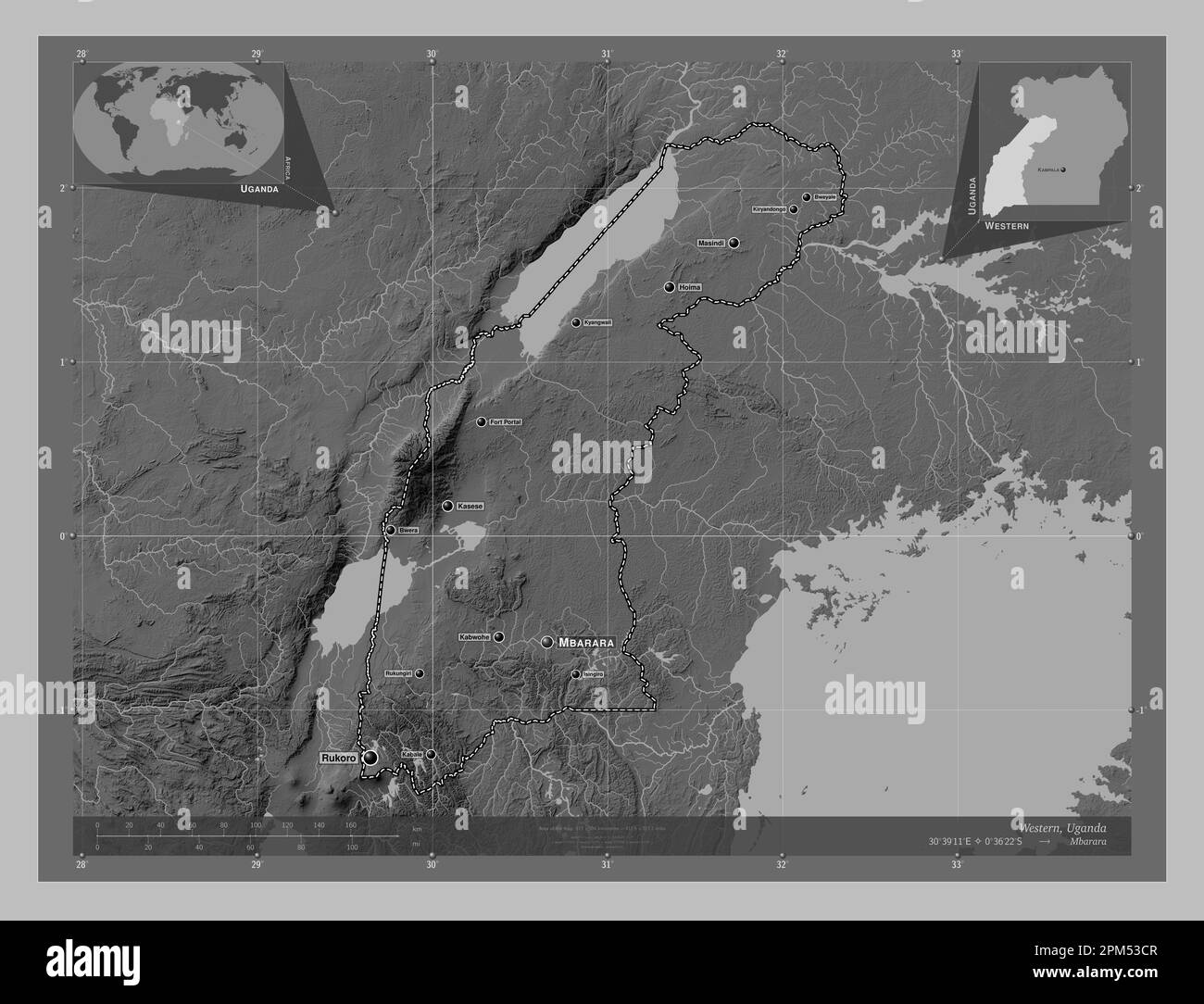 Western, region of Uganda. Grayscale elevation map with lakes and rivers. Locations and names of ...