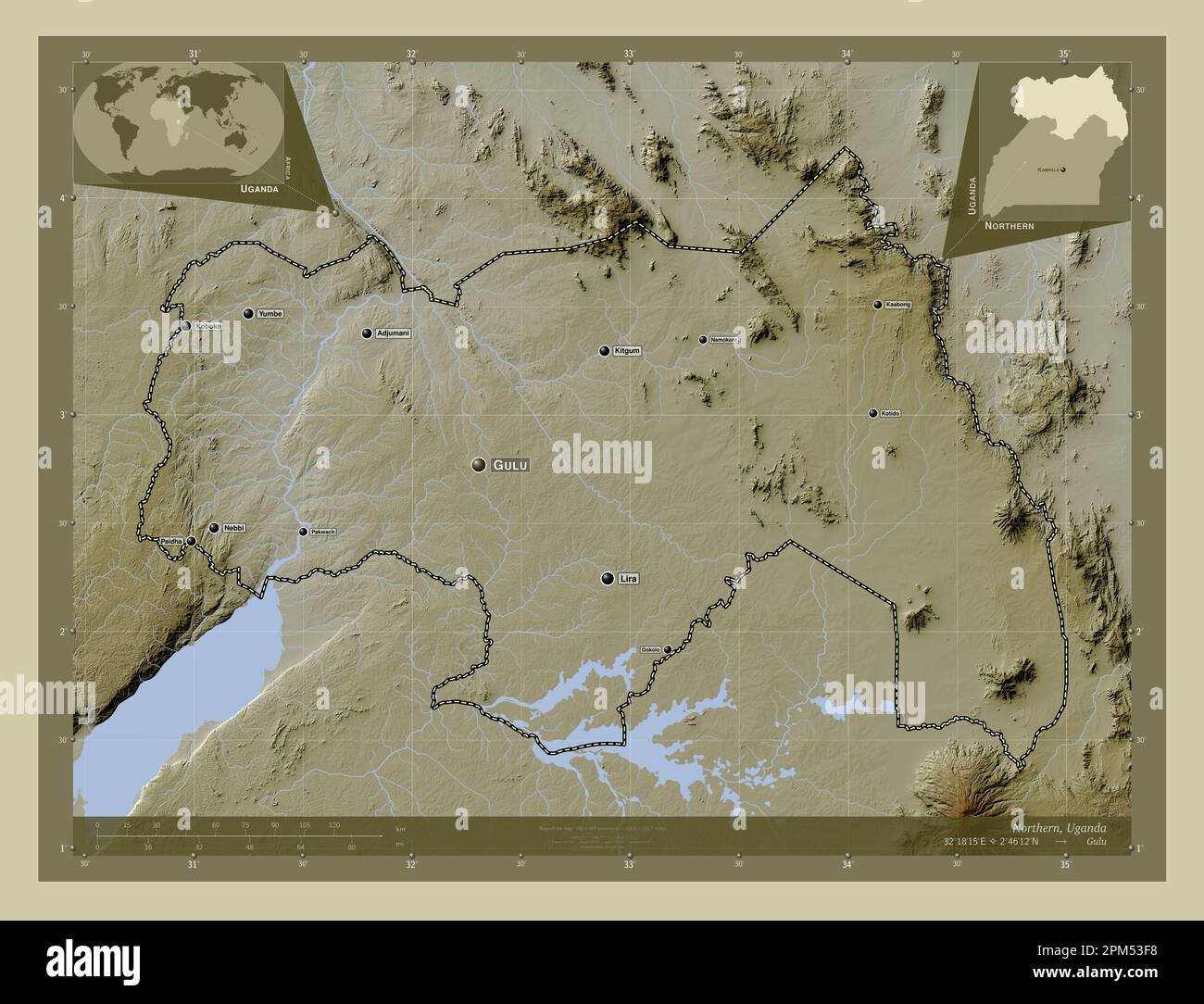 Northern, region of Uganda. Elevation map colored in wiki style with ...