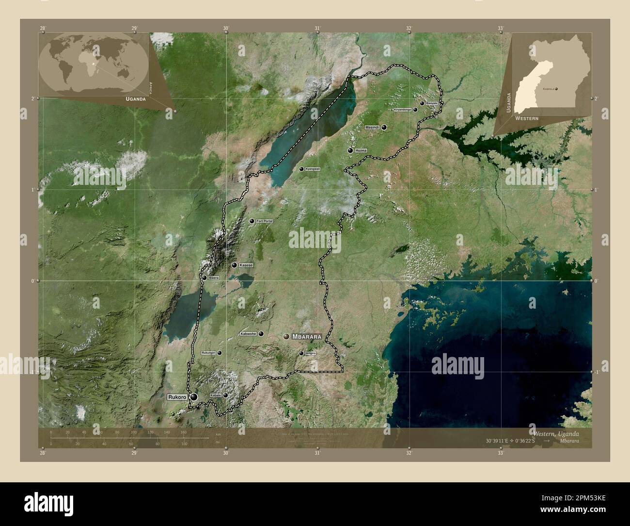 Western, region of Uganda. High resolution satellite map. Locations and ...