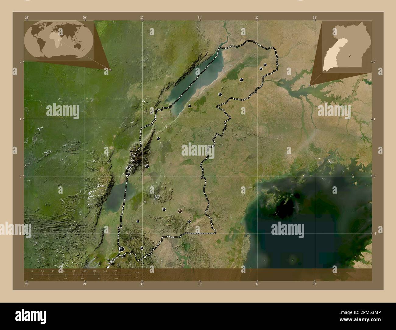 Western, region of Uganda. Low resolution satellite map. Locations of major cities of the region ...