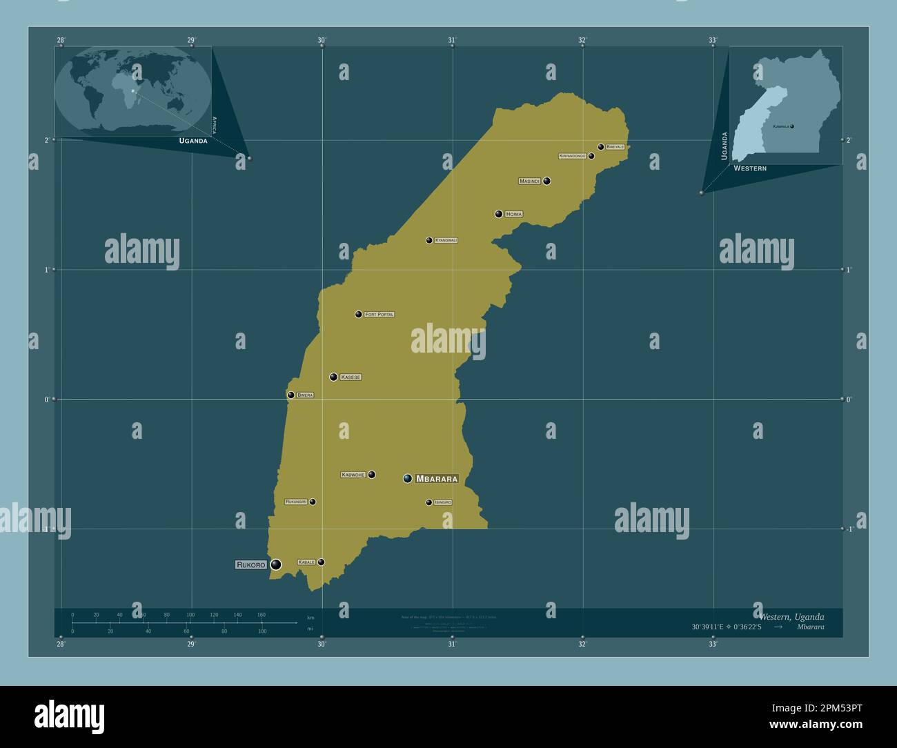 Western, region of Uganda. Solid color shape. Locations and names of ...