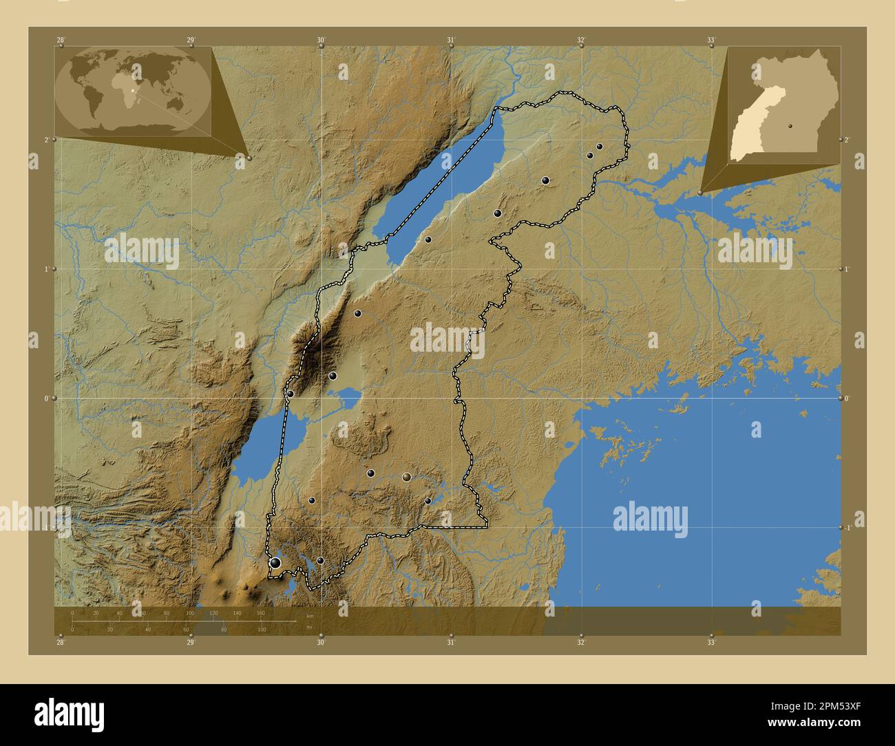 Western, region of Uganda. Colored elevation map with lakes and rivers ...