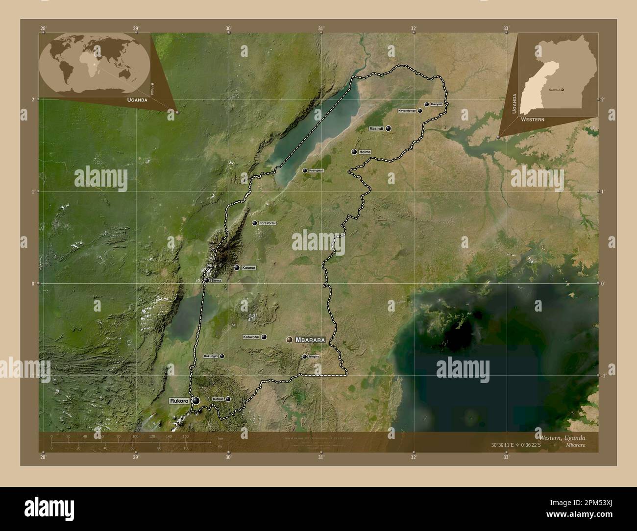 Western, region of Uganda. Low resolution satellite map. Locations and ...