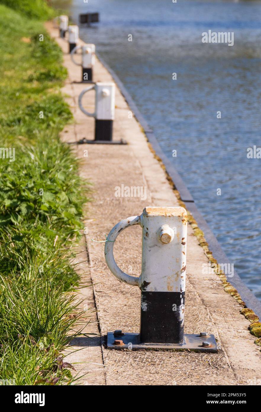 Line of mooring posts on river bank Stock Photo - Alamy