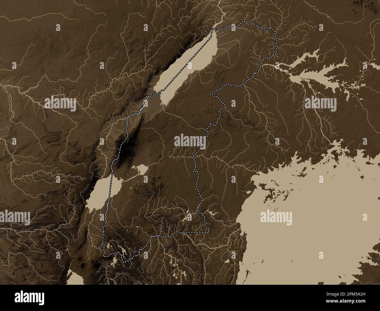 Western, region of Uganda. Elevation map colored in sepia tones with lakes and rivers Stock ...