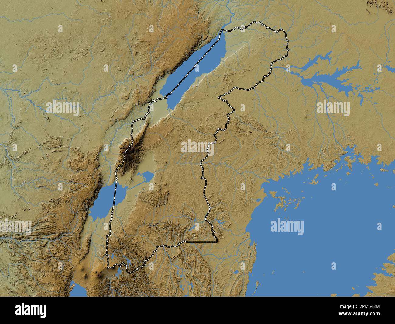 Western, region of Uganda. Colored elevation map with lakes and rivers ...