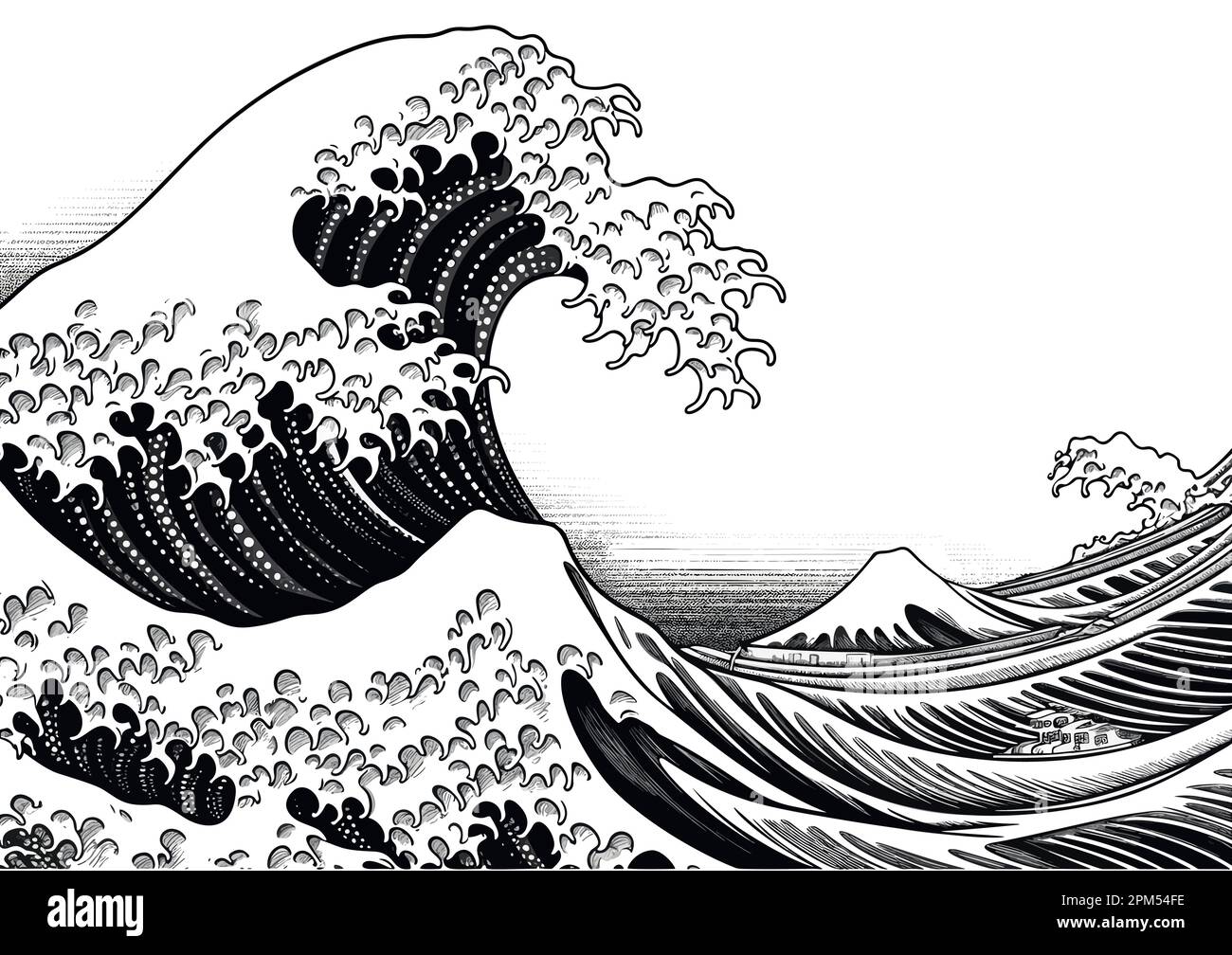 An oriental Japanese great wave in a vintage retro engraved etching ...