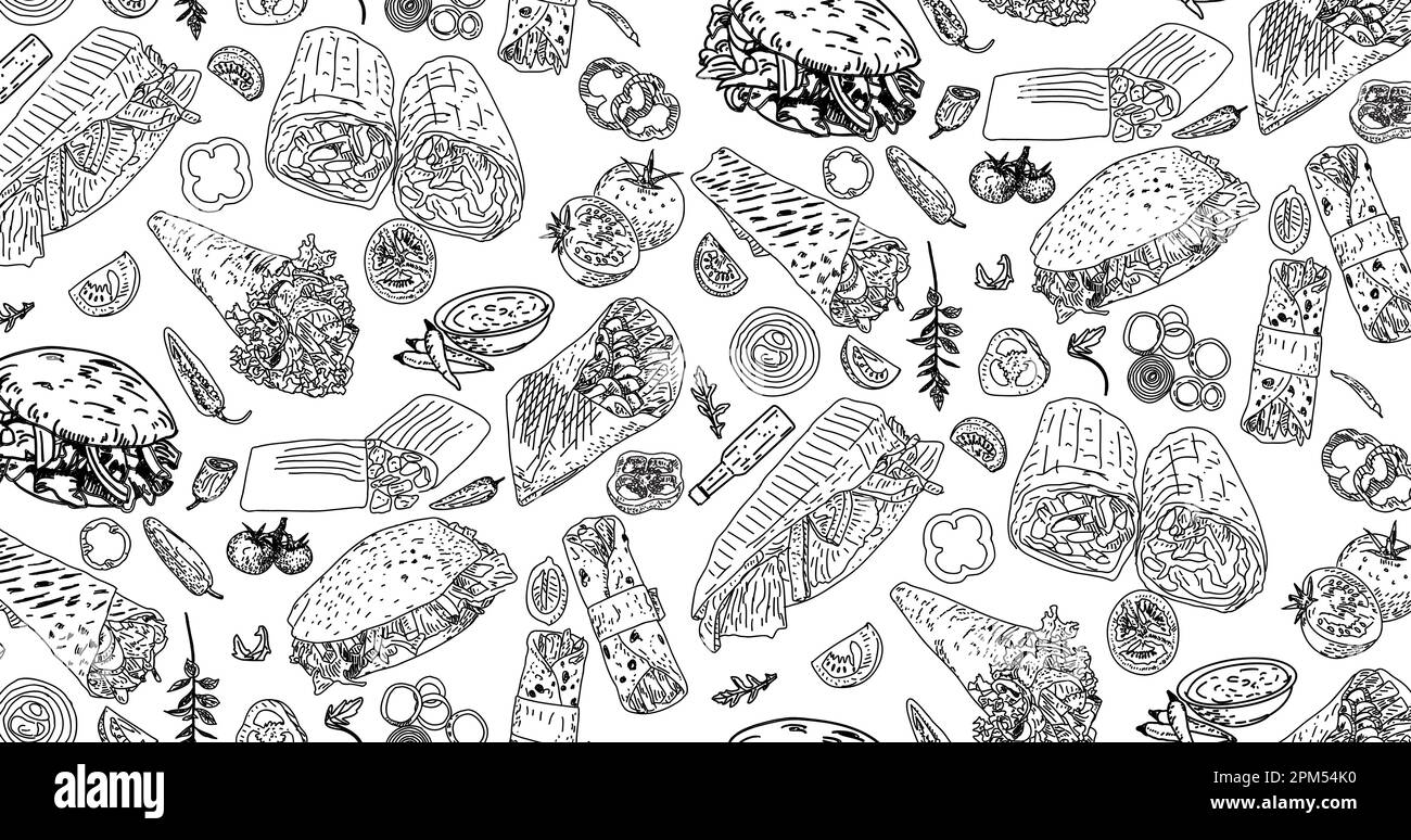 Shawarma Kebab pattern fast food. Seamless pattern. Concept of doner ...