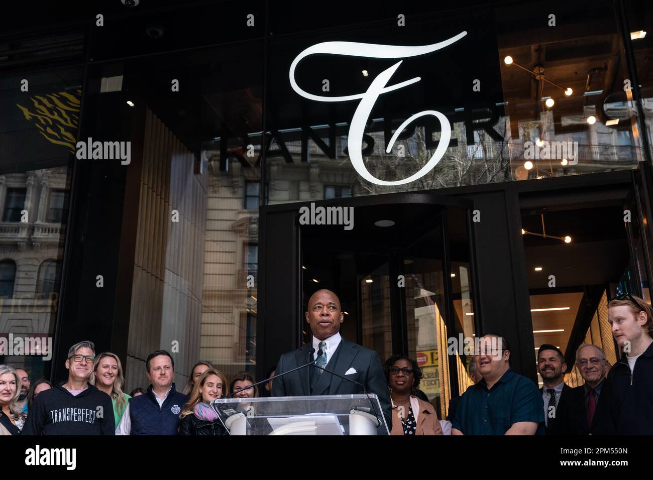 Mayor Eric Adams speaks during Grand Opening of TransPerfect ...