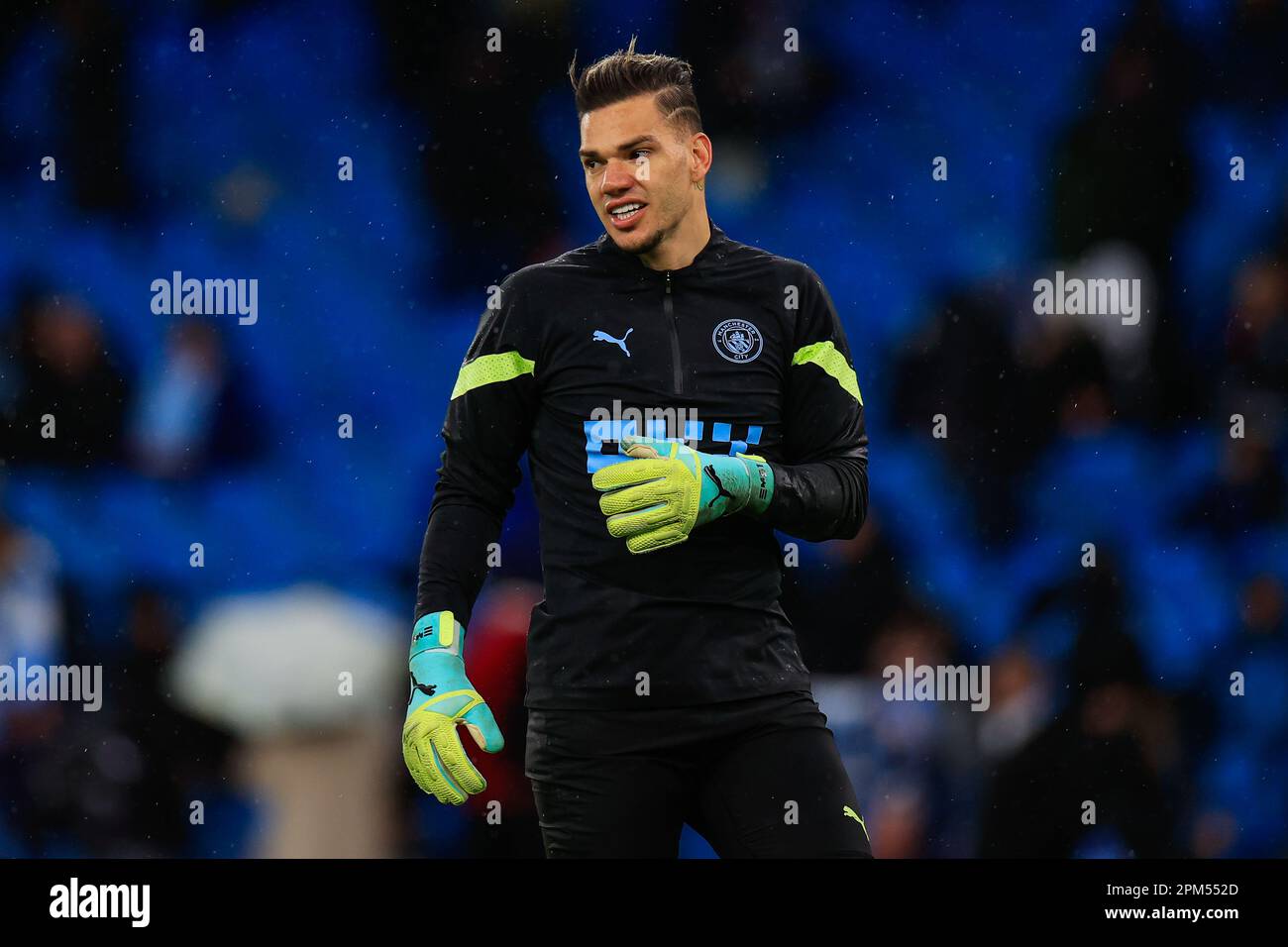 Ederson #31 of Manchester City during the pre-game warmup ahead the ...