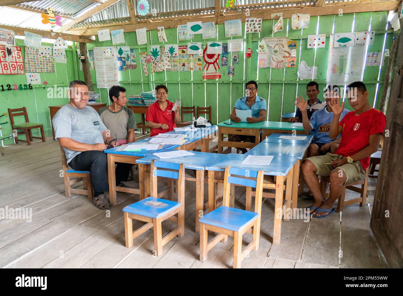 School Meeting in a Riberenos Village on the Peruvian Amazon Stock ...